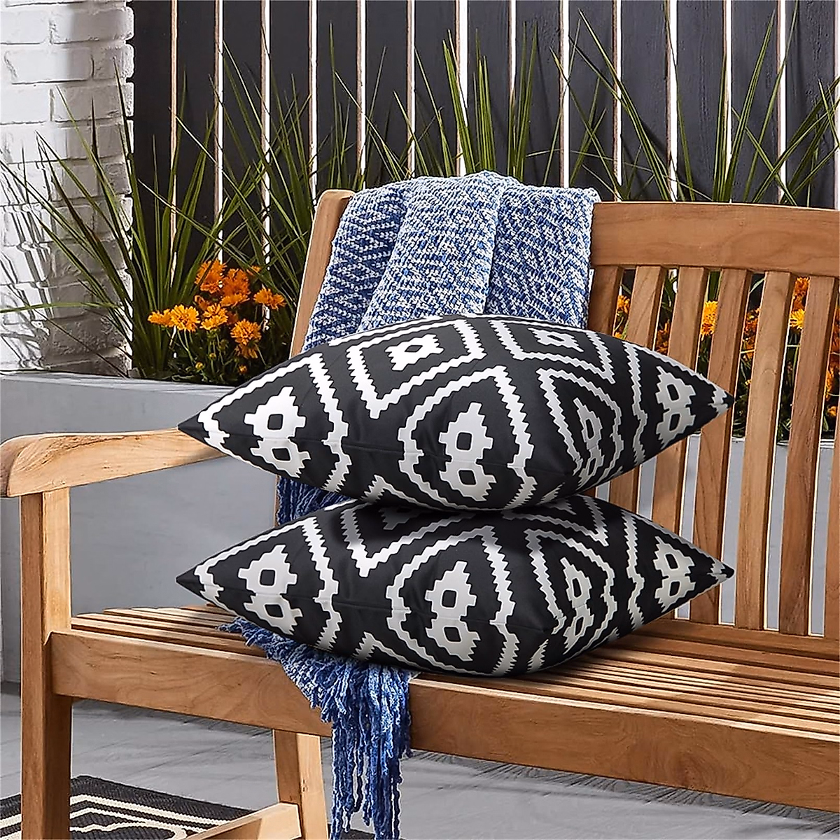 Adabana Outdoor Waterproof Boho Pillow Covers 18x18 Decorative Black and White Outdoor Throw Pillows Cover for Patio Furniture Garden Porch Pack of 2