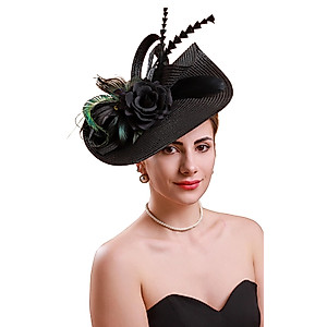 Cizoe Tea Party Hats Fascinators for Women Kentucky Derby Headpiece Peacock Feather Wedding Headware Bridal Headpiece(Black)