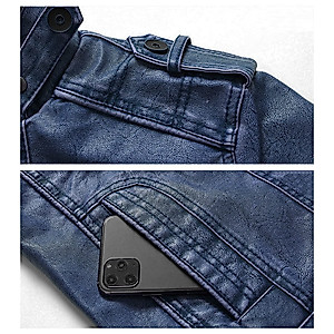 Maiyifu-GJ Men Winter Pu Leather Military Jacket Vintage Spring Fall Cargo Bomber Jacket Stand Collar Army Multi Pocket Coat (Blue,X-Large)