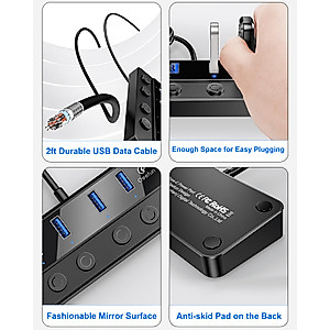 Qeefun 4-Port USB Hub 3.0, Individual LED Power Switches USB Extension 2ft USB Extender 5V/3A USB Adapter for Laptop, PC, USB Flash Drives, and More……