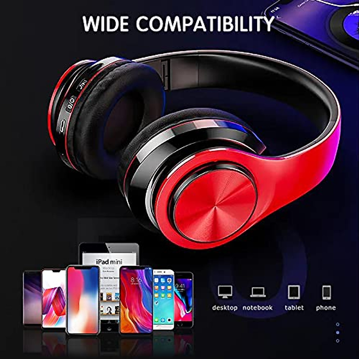 TPSKY Bluetooth Headphones Over Ear Headphones with Deep Bass LED Foldable Stereo Headphones for Smart Phone/TV/PC (Red/Black)