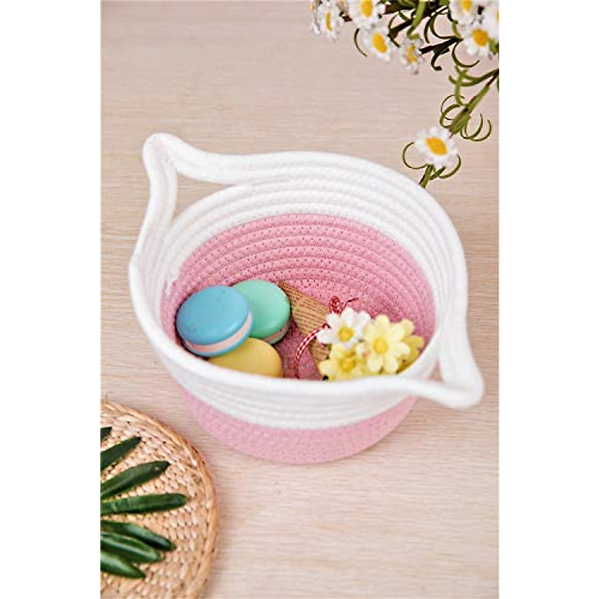 Set of 3 Pink Cotton Rope Baskets Small Storage Baskets for Keys Toys Little Items Cute Pink Baskets for Baby Room Living Room Mini Woven Baskets with Handles Organizer for Nursery Room