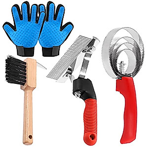 Swpeet 5Pcs Reversible Stainless Steel 4 Rings Curry Comb and Horse Hoof Pick Brush with Scotch Type Curry Comb Grooming Rake Kit, Grooming Gloves Soft Touch Grip Horse Brush Scraper for Horse