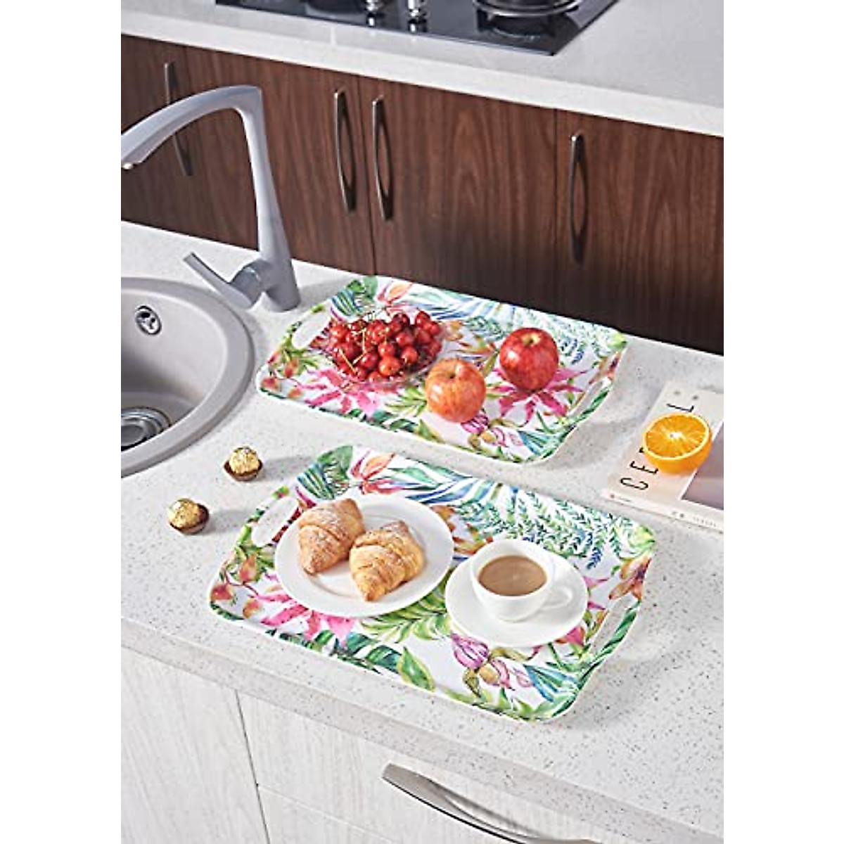 Blue Boat 16.5" x 11.5" Rectangular Melamine Serving Tray Set of 2 Floral, Light Weight Easy to Clean Sturdy Stackable Serving Tray with Handle, Fruit, Snacks, and Desserts Trays, TV Trays