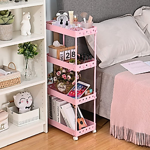 KINGRACK 4 Tier Rolling Utility Cart with Adjustable Dividers,Multi-Purpose Storage Craft Art Cart Trolley Organizer,Slide Out Mobile Trolley or Bedroom Bathroom Kid's Room Laundry Room,Pink