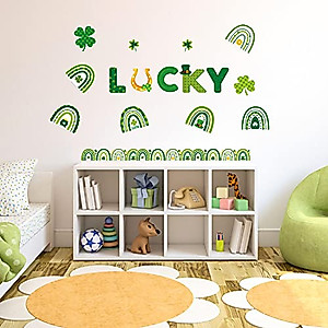 BeYumi 91Pcs Lucky Bulletin Board Decorations Set Green Shamrock Lucky Boho Rainbow Cutouts Scalloped Bulletin Board Trim Borders Classroom Homeschool Chalkboard Wall Decor Party Supplies