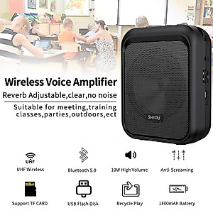 SHIDU Mini Voice Amplifier Portable Bluetooth Speaker with UHF Wireless Microphone Headset 10W 1800mAh PA System Supports MP3 Format Audio for Teachers, Coaches, Training, Tour Guide.