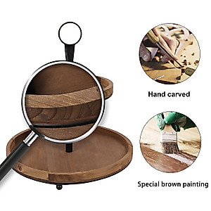 GENMOUS & CO. Farmhouse Tiered Tray Decor with Distressed Wood Bead Garland, Decorative 2 Tiered Serving Tray with Metal Handle for Rustic Home Décor