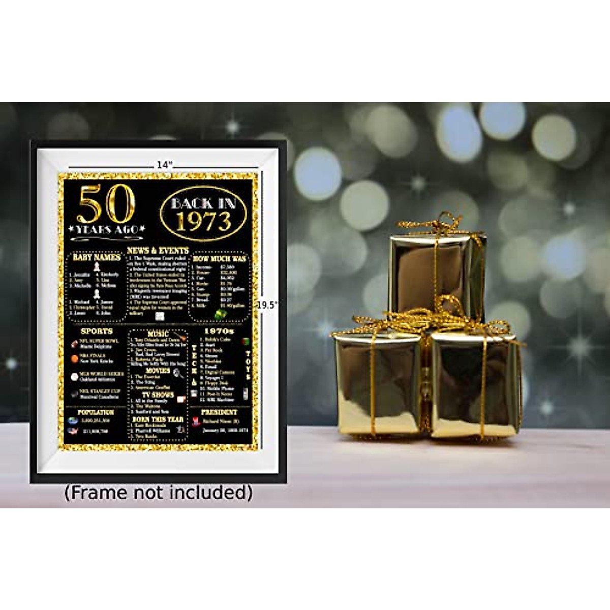 Back In 1973 Party Poster- Large 14x19.5 in Laminated.- Black and Gold - 50th Birthday Gifts, Wedding Anniversary, 1973 Class Reunion, Party Supplies, Party Decorations (1973 50th Gold)