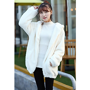 Women Bunny Ears Hoodie Fluffy Bunny Sweatshirt Top Coat Long Sleeve Kawaii Clothes Cute Hoodies Jacket (Bunny White)