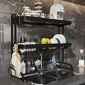 Over Sink Dish Drying Rack, Trustmade 3 Tier Full Stainless Steel Large Storage Adjustable Dish Rack (23.5''-36.6''), Expandable Kitchen Dish Drainer Shelf Rack with Hooks, Utensil Holder(Matte Black)