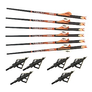 Ravin Crossbow R138 Carbon 400 Grain .003 Crossbow Arrows (6-Pack) Black/Red Bundle with 6 Hunting Broadheads (3 Items)