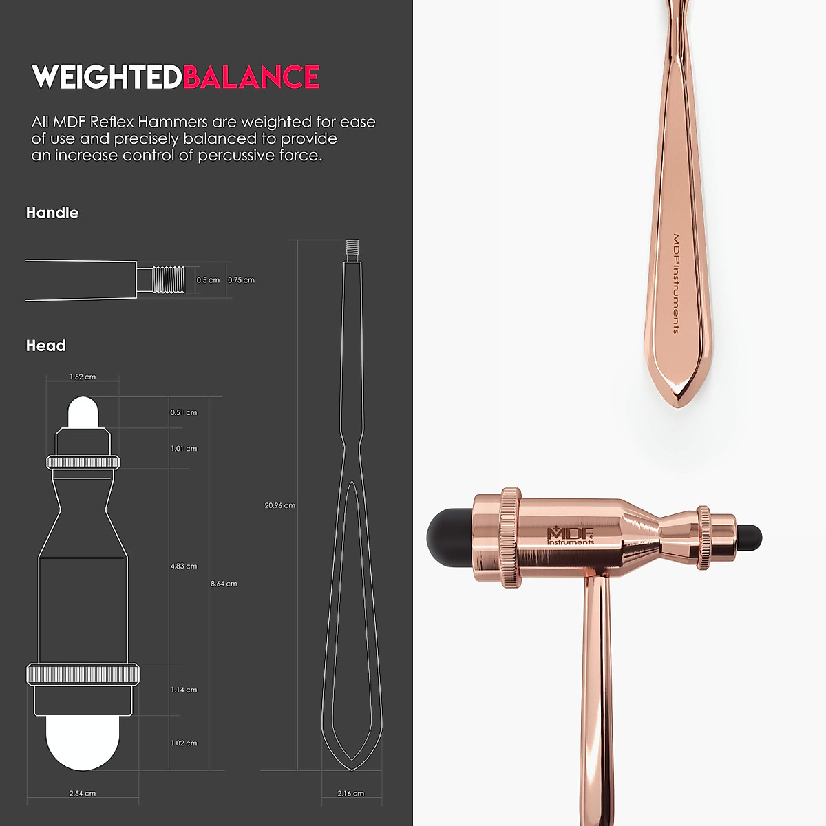 MDF Instruments, Rose Gold Tromner Neurological Reflex Hammer with Pointed Tip Handle for Cutaneous and Superficial Responses - Free-Parts-for-Life (MDF555) (Rose Gold/Black)