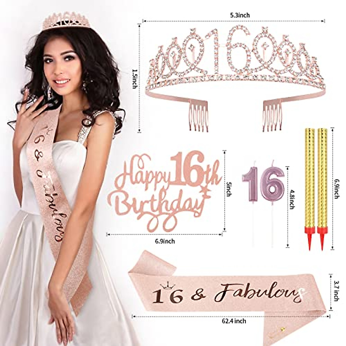 10th Birthday Decorations Gifts for Girls, 10th Birthday Crown/Tiara and 10 Birthday Sash, Cake Toppers Birthday Candle, Rose Gold 10 Birthday Decorations Party Accessories for Her