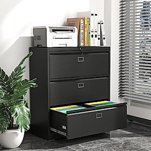 VIYET Lateral File Cabinet with Lock,3 Drawer Metal File Cabinets, Home Office Storage Cabinet for Hanging Files Letter/Legal/F4/A4 (Black)
