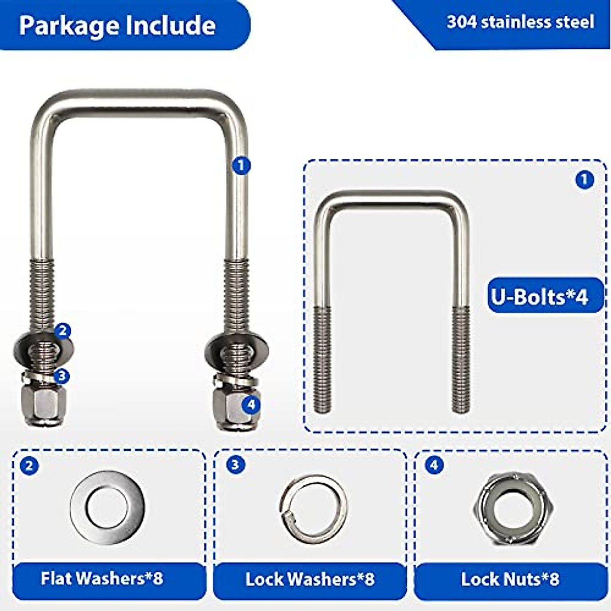 304 Stainless Steel Square U-Bolts Boat Trailer (1/2" D x 3-1/16" W x 5-5/16" L),U Bolt Fit 3" x 3" Square Trailer Frame(4PCS)