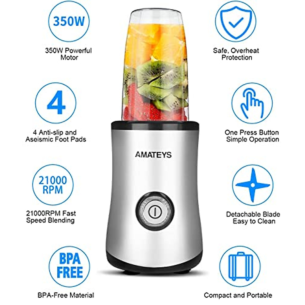 Amateys Personal Blender with Button,Professional Kitchen Blender for Smoothies and Shakes,17oz Portable Smoothie Blender ,Easy Cleaning&Operation,Height 12 Inch Suitable for Travel Carrying or Storage
