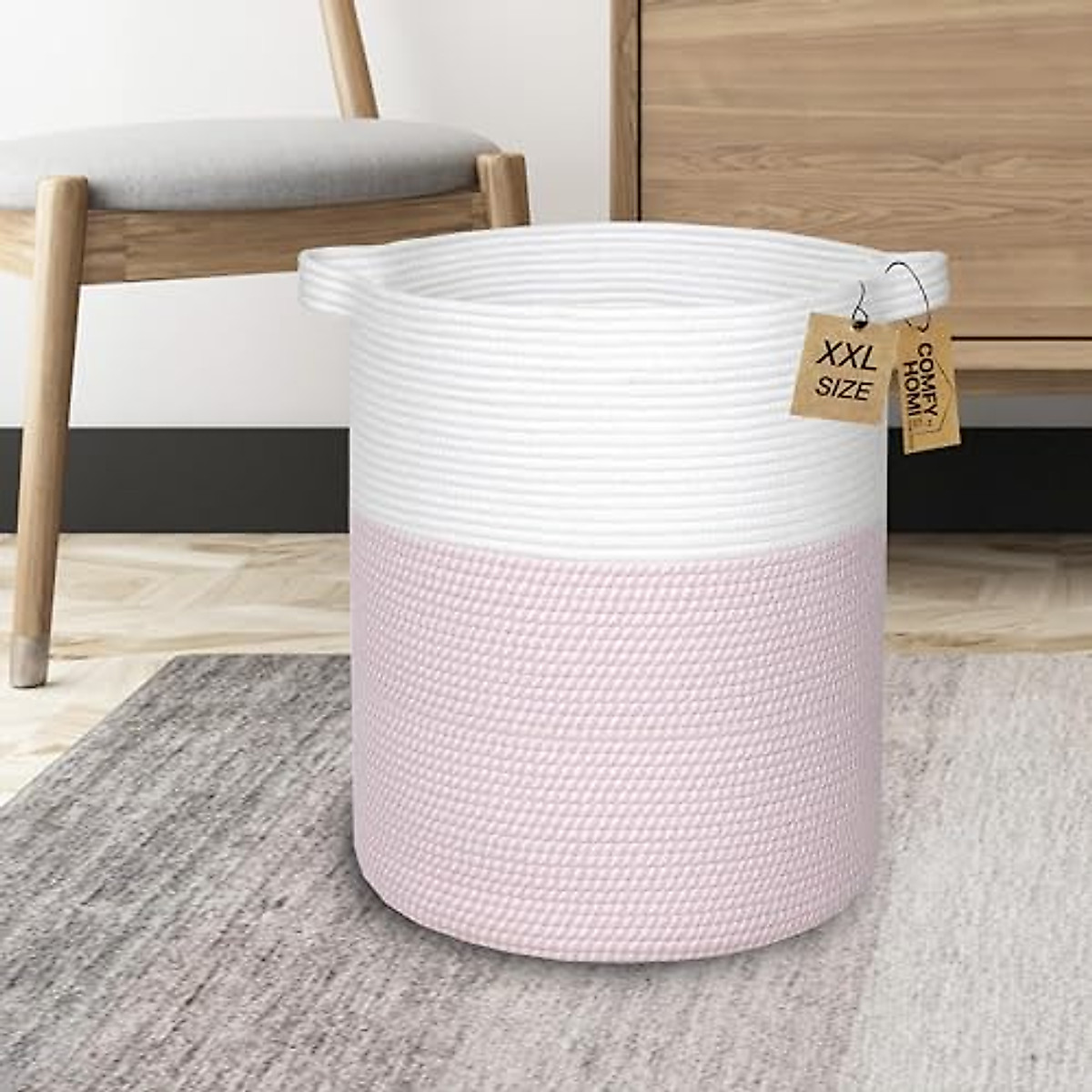 COMFY-HOMI XXL Blanket Basket 18”x16”|Cotton Rope Laundry Basket|Woven Basket for Storage|Gift Basket Empty for Newborn or Infant Gift for Boy Girl, Toy basket for blanket, cloth, towel-White/Pink