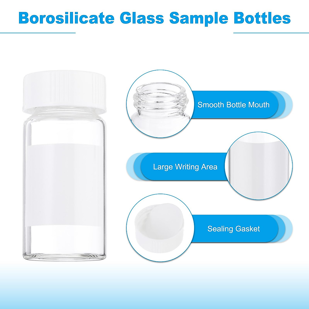 PATIKIL 10pcs 20ml Small Clear Glass Vials with White Screw Cap, Borosilicate Glass Sample Bottles with Writing Label for Solid Liquid Powder Storage
