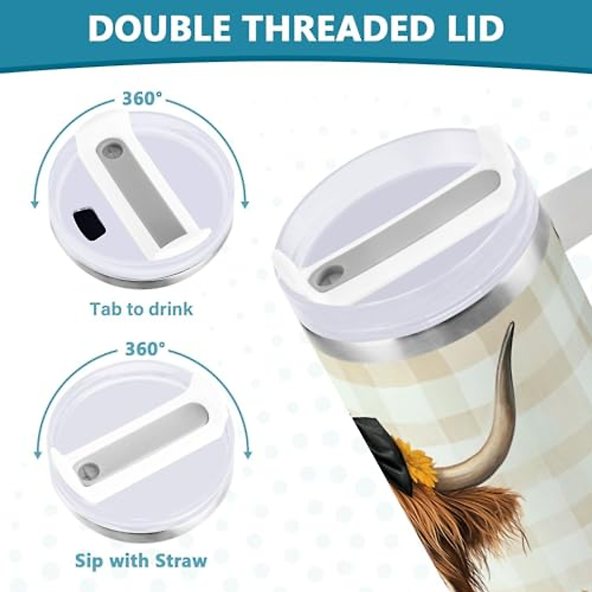 RPLIFE Highland Cow Sitting in Old Silver Stainless Steel Coffee Mug, Insulated Cup with Straw, Tumbler for Men