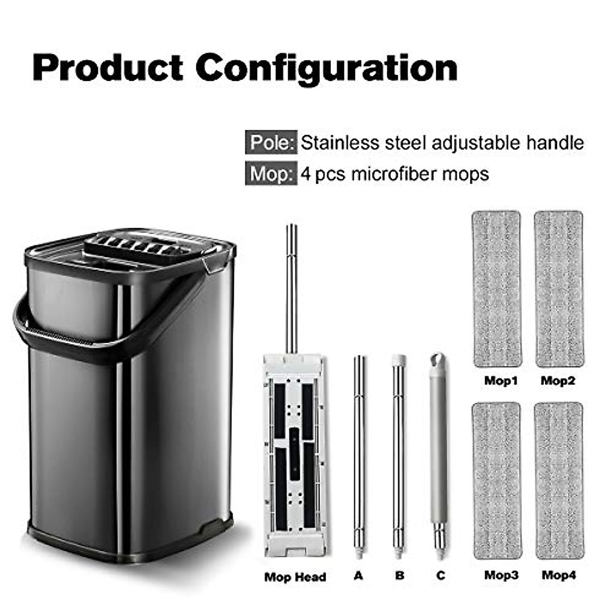 Black Squeeze Flat Floor Mop and Bucket Set,Stainless Steel Handle Adjustable, 4 Washable & Reusable Microfiber Mop Pads, Professional Commercial Home Mops for Floor Cleaning