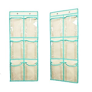 NIMES Over The Door Shoe Organizer Hanging Narrow Closet Door Storage 6 Large Clear Pockets Chart 2 Pack (BEIGE)