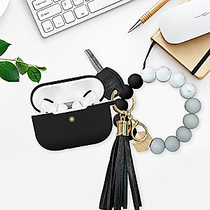 Case for Airpods Pro, AIIEKZ Cute Airpod Pro Cover for Women Girls, Soft Silicone Case for Air Pod Pro Wireless Charging Case with Beaded Bracelet Keychain (Black)