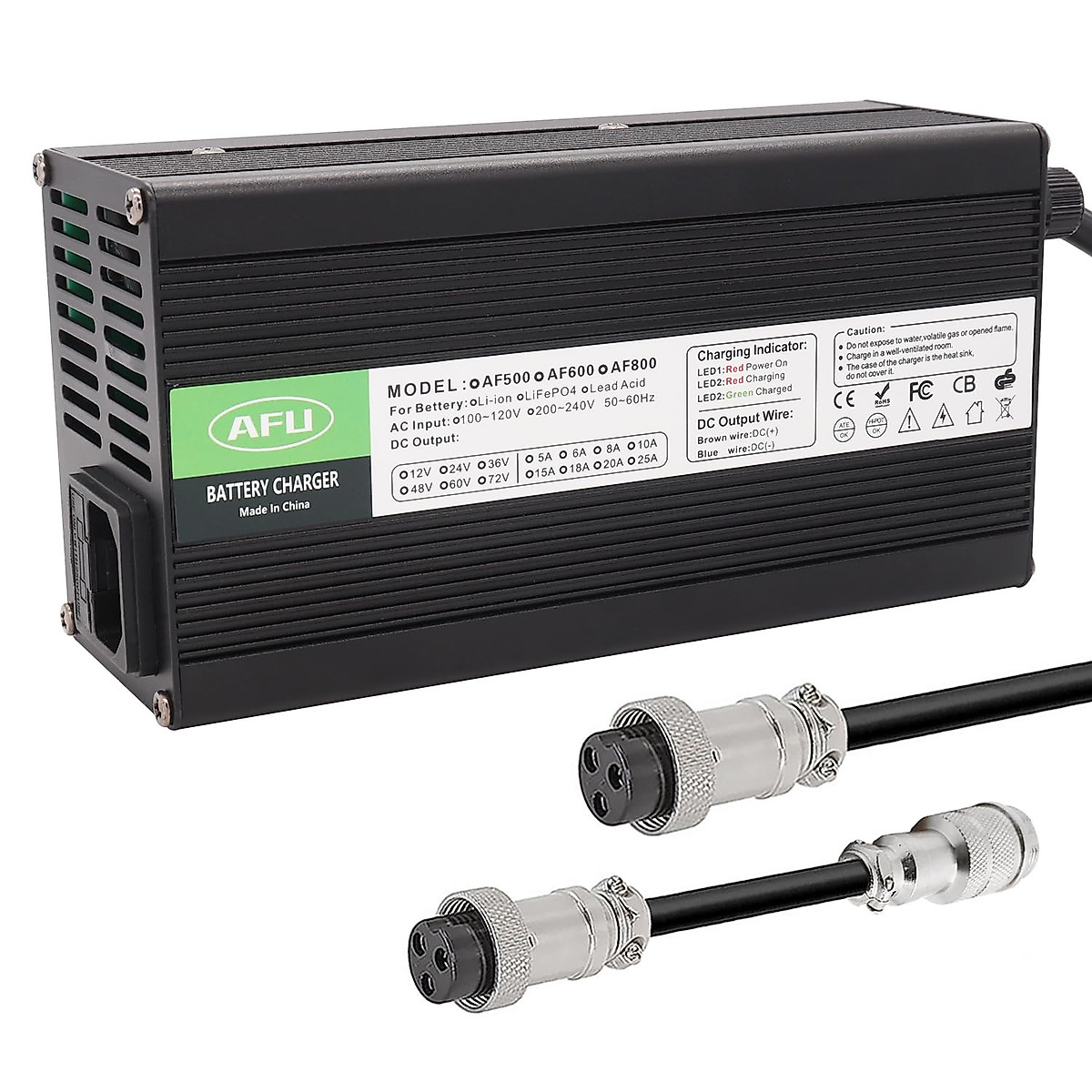 AFU 67.2V 8A Charger 60V Li-ion Battery Smart Charger Black Aluminum Case with Cooling Fan Output GX16 1+3- Plug/GX16 1+2- Plug for 16S 60V Li-ion Battery
