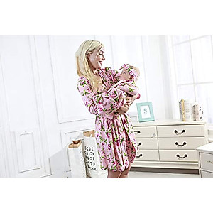 4 Pack Maternity Robe and Matching Baby Swaddle Blanket with Hat Headband Set, Stretchy Knitted Delivery Robe with Pockets and Swaddling Wrap for Mummy and Baby (Pink Flower)