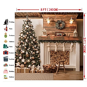 AIIKES 8X8FT Christmas Theme Photography Backdrop - Xmas Tree Wreath Gift Box White Socks Holiday Party Studio Props 12-381
