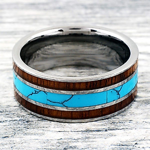 King's Cross Magnificent X-Wide 10mm Mirror Polished Silver Tungsten Carbide Band Ring w/Blue Turquoise Inlay Between 2 Koa Wood Inlays. (Tungsten (10mm), 9)