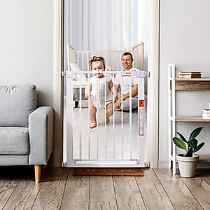 Mom's Choice Award Winner-BABELIO 27-30 Inch Narrow Easy Install Baby Gate, Fit for Small Stairs and Doorways,Pressure Mounted Safety Gate with Door for Child and Pets,NO Extensions,White