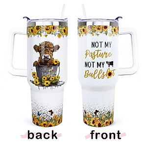 ZNYYZYBA 40 oz Tumbler with Handle and Straw, Highland Cow Tumbler with Leak Proof Lid, Reusable Stainless Steel Insulated Travel Coffee Mug, Highland Cow Gifts for Cow Lovers, white brown