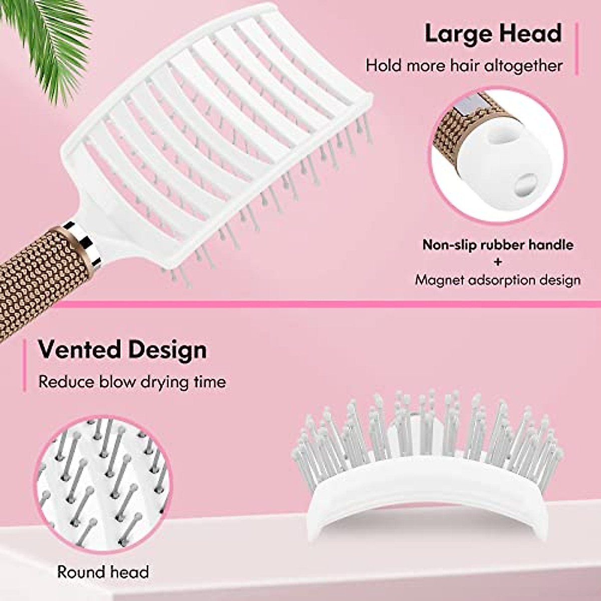 Hair Brush Set, Curved Vented Detangling Hair Brushes for Women Men Kids, Professional Vent Styling Brush for Wet Dry Curly Thick Straight Hair Fast Blow Drying Brush (Pink+ Black)