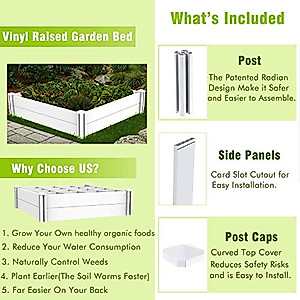 Kdgarden Raised Garden Bed Kit 4'x4' Outdoor Above Ground Planter Box for Growing Vegetables Flowers Herbs, DIY Gardening, Whelping Pen and More, Screwless White Vinyl Garden Bed with Grid