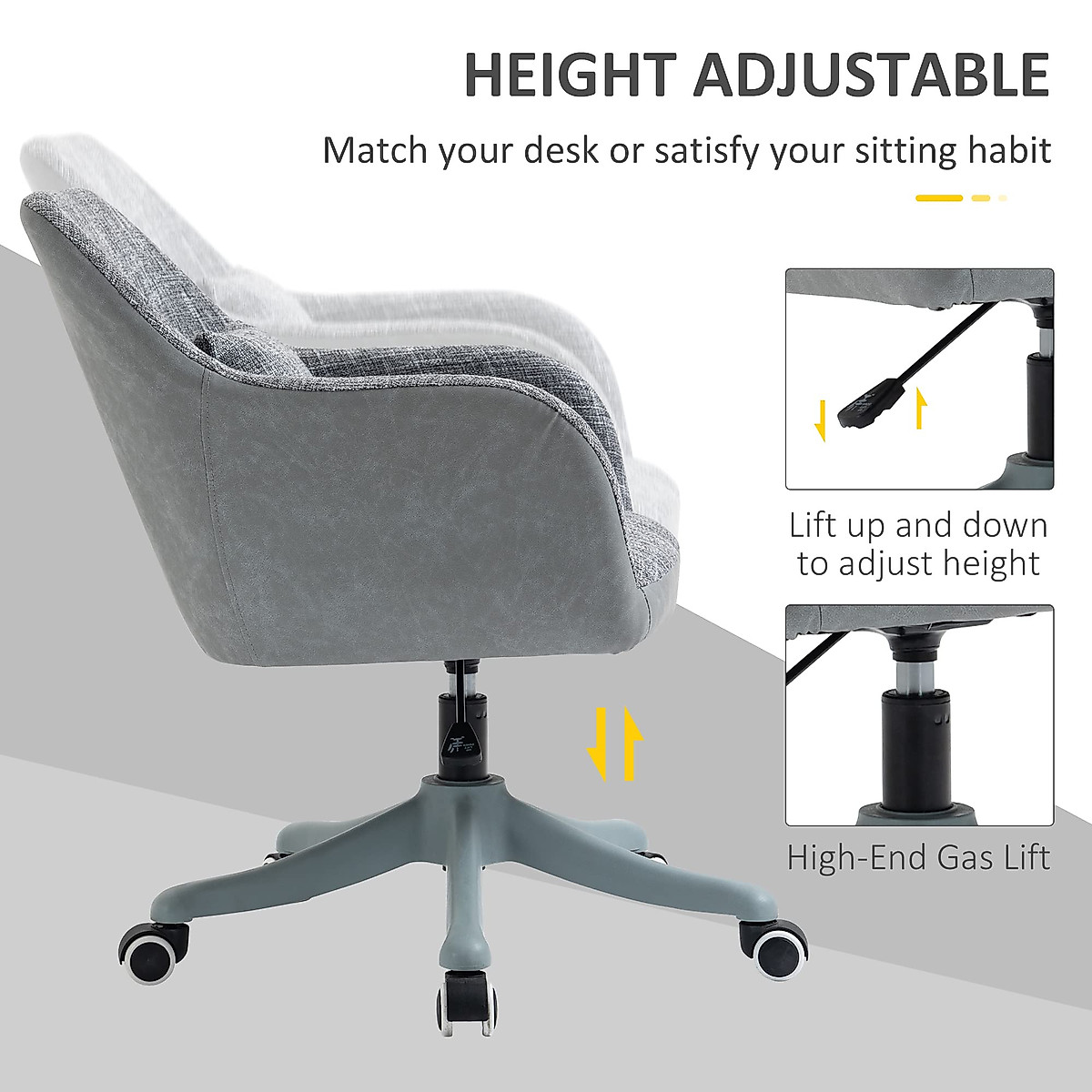 Vinsetto Office Chair, Lumbar Massage Desk Chair with Barrel Chair Armrests, USB Powered Massage, Mid-Back, 360 Swivel, Throw Pillow, Adjustable Height, Gray