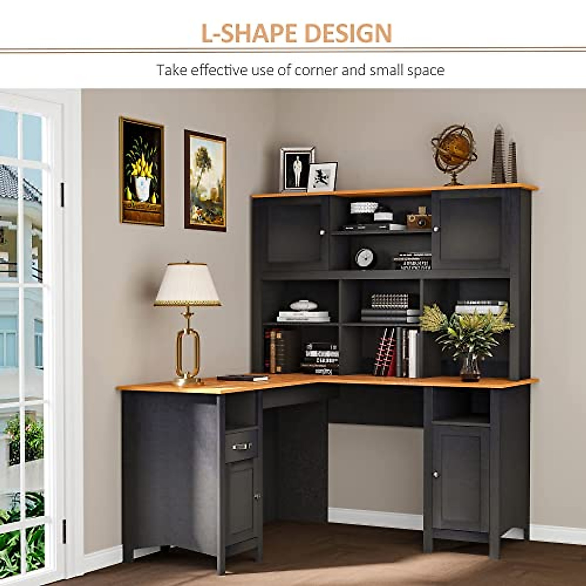 HOMCOM L-Shaped Computer Desk with Storage Shelves, Home Office Desk with Drawers and Cabinets, Black