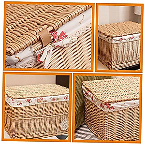 COLLBATH 2pcs box Rattan Woven Clothes Bedroom and Bathroom Liner Desktop Storage Flower Rectangular for with Container Printed Clo Bin Cosmetic Lid Cube Rectangle Organizer Wicker