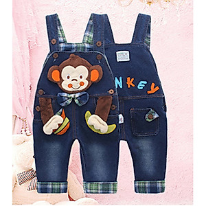 KIDSCOOL SPACE Baby Boy Girl Jean Overalls,Toddler Denim 3D Monkey Dungarees Pants,Blue,18-24 Months