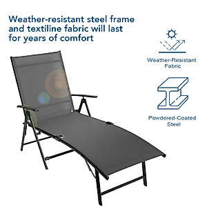Circrane Outdoor Lounge Chair, Textiline Folding Chaise, Lounge Recliner for Beach/Yard/Pool/Patio with 7-Positions Adjustable backrest & Foldable Footrest (Grey)