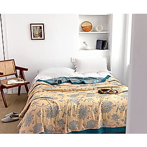 DECMAY Muslin Warm Bohemian Throw Blanket, 5-Layer Cotton Bedspread Blanket for Bed Couch, Super Soft, Cozy for All Seasons Twin Size (Yellow, 60"X80")