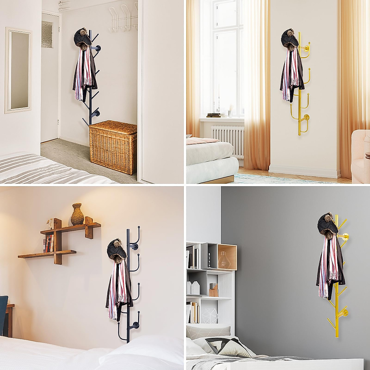 ZHANYUN Modern Wall Mounted Coat Rack - Space-Saving Hat Tree with 8/11 Hooks - Stylish Metal Wall Clothes Purse Rack - Easy Installation for Living Room, Entryway, Bedroom, Office (Gold-U)