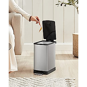 SONGMICS Bathroom Trash Can, 1.5 Gallon (5.7L) Garbage Can with 15 Trash Bags, Stainless Steel Step Bin, Removable Inner Bucket with a Metal Handle, Soft Closure, Silver and Black ULTB105E01