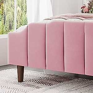 HOOMIC Queen Size Upholstered Platform Bed with Curved Velvet Wingback Headboard and Footboard,Solid Wood, No Box Spring Needed, Easy Assembly, Pink