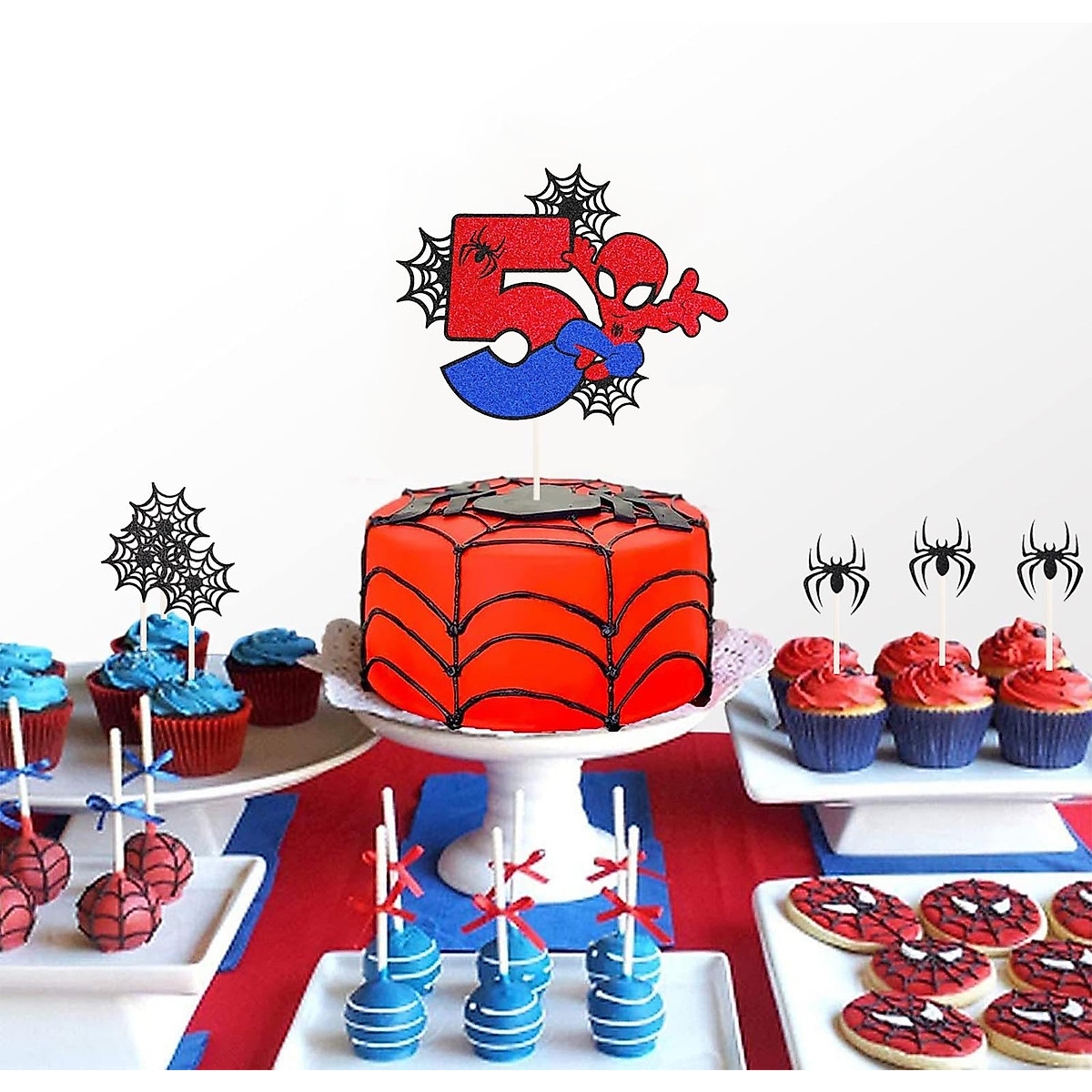 7 Pcs Cake Toppers, Cartoon Heroes Spider Pattern Birthday Cake Toppers, Personalised 3rd Birthday Cake Topper, Double Sided Glitter Cupcake Topper Birthday Party Decorations for Boys Children Kids