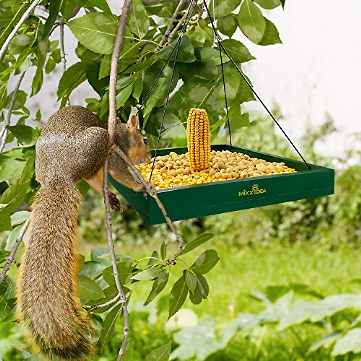 MIXXIDEA Bird Feeder Hanging Tray, Seed Tray Wooden Platform Hummingbird Feeder Hanging Tray Mesh Seed Platform for Garden Yard Outside Decoration Attracting for Wild Birds (Green-1pk)