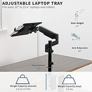 VIVO Universal Adjustable 10 to 15.6 inch Laptop Holder Desk Mount, Single Pneumatic Arm VESA Notebook Stand with C-clamp and Grommet Options, Black, STAND-V101L