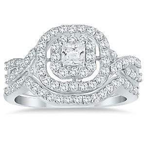 Certified 1 Carat TW Double Row Halo Princess Diamond Bridal Set in 10K White Gold (K-L Color, I2-I3 Clarity) - Size: 7.0