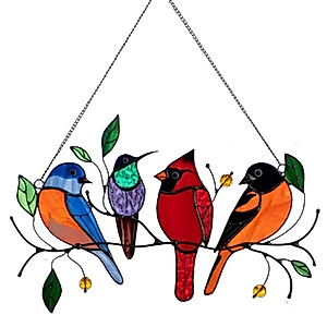 Multicolor Birds On-A-Wire, Metal Bird Series Art Ornaments Pendant Hanging for Windows or Doors Home Decoration, Gifts for Bird Lovers（4 Birds）