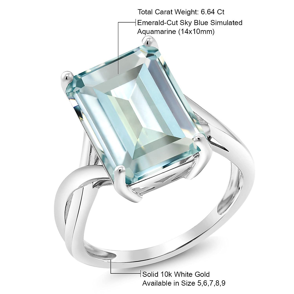 Gem Stone King 10K White Gold Gemstone Birthstone Engagement Ring | Emerald Cut 14X10MM | Wedding Engagement Anniversary Promise Ring For Women | Available In Size 5-9